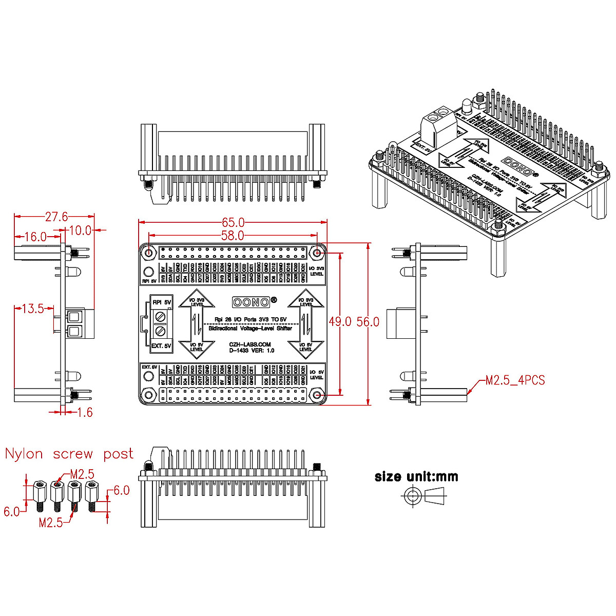 RPi 3.3V to 5V 26 I/O Bidirectional Voltage-Level Shifter Module for Raspberry Pi, Logic Level Converter