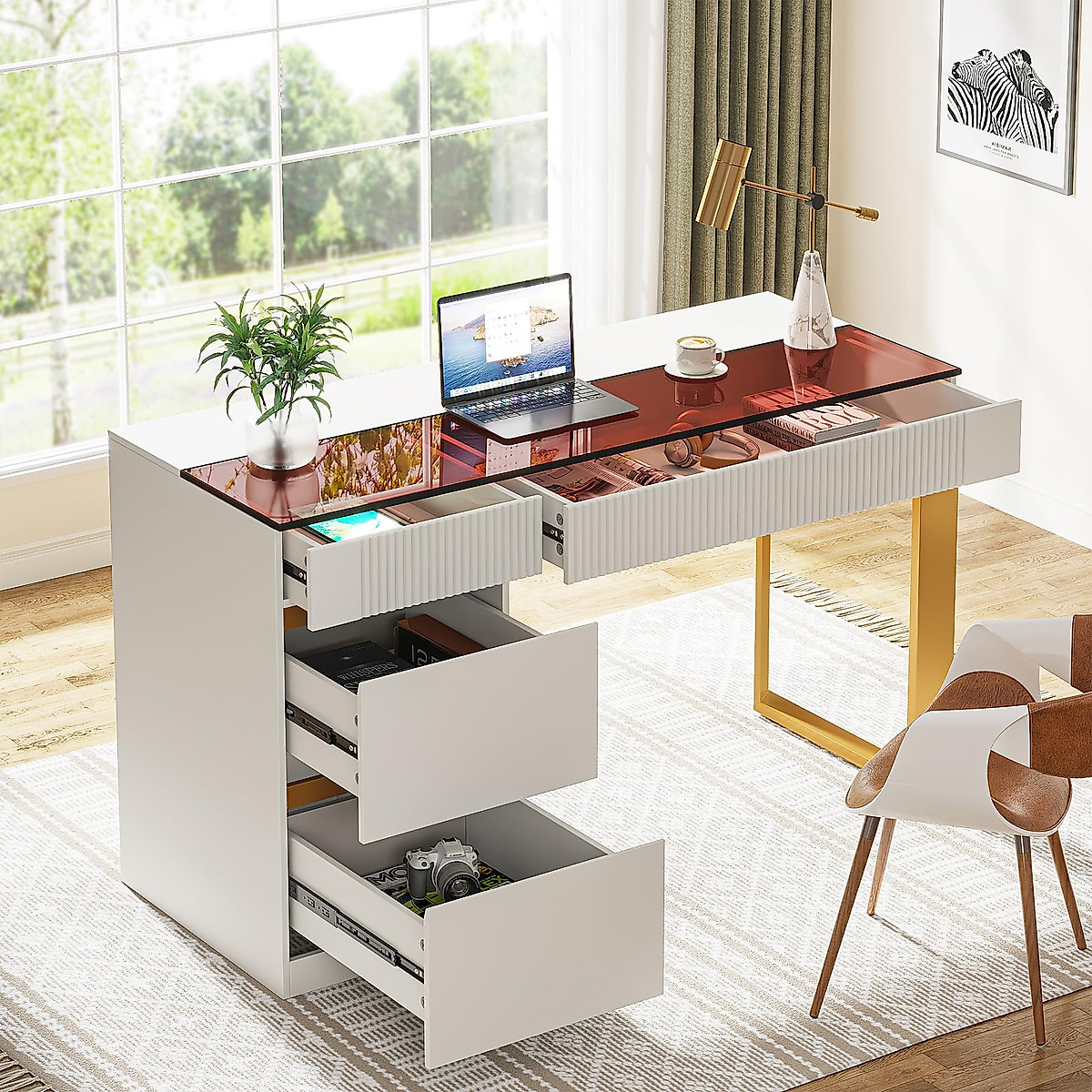 Tribesigns Computer Desk with 4 Drawers, 47 Inch Modern Home Office Desk with Glass Top, White and Gold Writing Workstation Desk with Storage, Makeup Vanity Table for Living Room, Bedroom