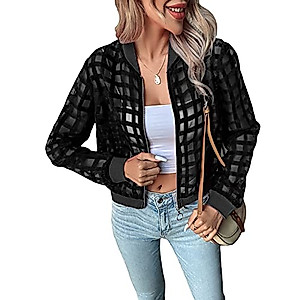 Floerns Women's Hollow Out Long Sleeve Baseball Collar Zip Up Bomber Jacket Black Plaid L