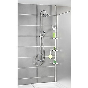 WENKO Telescopic Shower Corner Element Premium 3 Shelves, 2 Hooks and Mirror