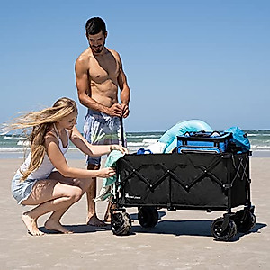 Moon Lence Collapsible Folding Wagon Cart Heavy Duty Folding Garden Portable Hand Cart with All-Terrain Beach Wheels, Adjustable Handle & Drink Holders