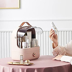 MIUOPUR Large Makeup Organizer with Brush Holder, Cosmetic Display Case with Drawer, Waterproof and Dustproof Transparent Cover, Portable Handle, Suitable for Bathroom and Bedroom -Pink