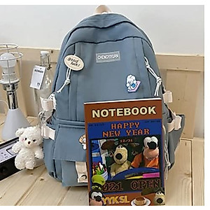 FPlace Laptop Backpack Shoulders Bag Schoolbag Travel Bag for Student Casual Cute Kawaii Y2K With Plush Bear Pendant Gift (Blue)