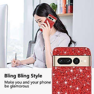 Compatible with Google Pixel 7 Pro Case Glitter Shockproof,Google Pixel 7 Pro Phone Case Bling Sparkly Soft TPU and PC Silicone Shiny Girl Women Thin Protective Cover (Red)