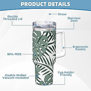 Xiexide 40oz Rustproof Outdoor Green Botanical Palms Leaves Double Walled Vacuum Insulatedith Handle And Straw,Hot & Cold Drinks
