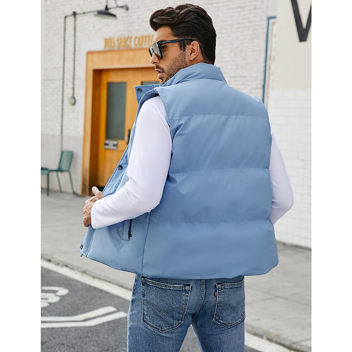 Flygo Mens Puffer Vest Winter Padded Vests Lightweight Stand Collar Sleeveless Jacket Outerwear(Blue-XL)