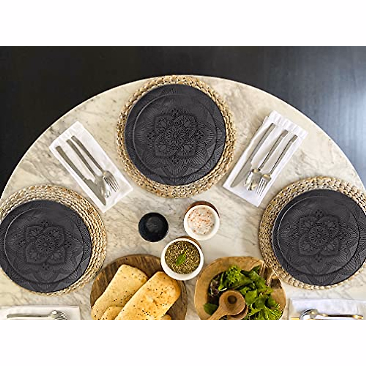 bzyoo BPA-Free Dishwasher Safe 100% Melamine Plastic Plate & Bowl Set Casual dining Indoor and Outdoor Dining Party Environmental Friendly (12 PCS set, Service for 4, La la Mandala -black)