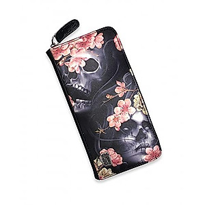 Liquorbrand Sakura Skulls and Pink Flowers Zip Around Wallet | Dia De Los Muertos