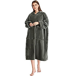 Kipswiza Oversize Wearable Blanket Flannel Super Soft Warm Long Hoodie Blankets Big Hooded Sweatshirt Hoodie Blanket for Adults Men Women Girls Teenagers Teens Greenish-Gray