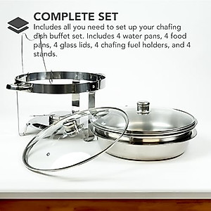 Alpha Living Chafing Dish Buffet Set of 4 – Complete Stainless Steel Chaffe Buffet Set with Glass Lids, Chafing Fuel Holder – Elegant and Practical Warmer Trays for Buffet, Wedding, Catering Supplies