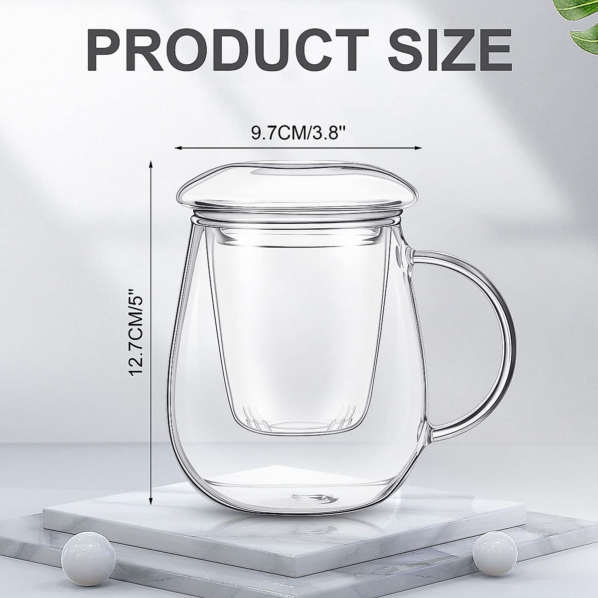 Rtteri Set of 2 Glass Tea Cup with Infuser and Lid 17.6 oz Clear Glass Mugs Thickened Glass Tea Infuser Cup Simple Filtration Teacups for Tea Bag Loose Leaf Tea Blooming Tea