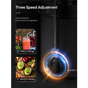 Juicer Machines, Aiheal Juicer Vegetable and Fruit Easy to Clean, Centrifugal Juicer with 3” Wide Mouth, 3 Speed Control, Overload Protection System, Cleaning Brush and Recipe Included, Black