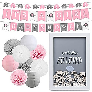 WOMRICH Girl Baby Shower Decorations Elephant Theme Set, Baby Shower Guestbook Elephant Sign Frame, It is a Girl Banners Elephant Garland Paper Lantern Paper Flower Pom Poms (Pink)