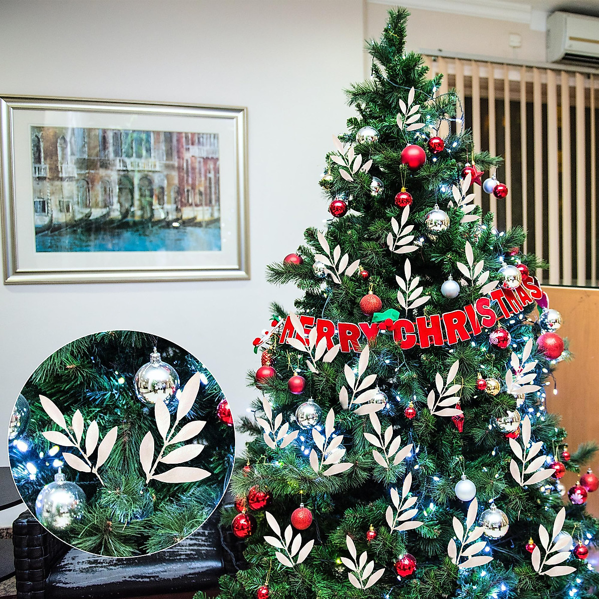 Sggvecsy 40 Pieces Artificial Glitter Leaf White Glittered Spray Picks 13’’ Fake Floral Leaf Branches Xmas Decoration for Christmas Tree DIY Wreath Crafts Gift Home Garden Decoration(White,40 Pieces)