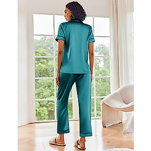 Ekouaer Silk Satin Pajamas Set Women Short Sleeve Sleepwear Soft Button Down Loungewear Pjs Set Dark Green Small
