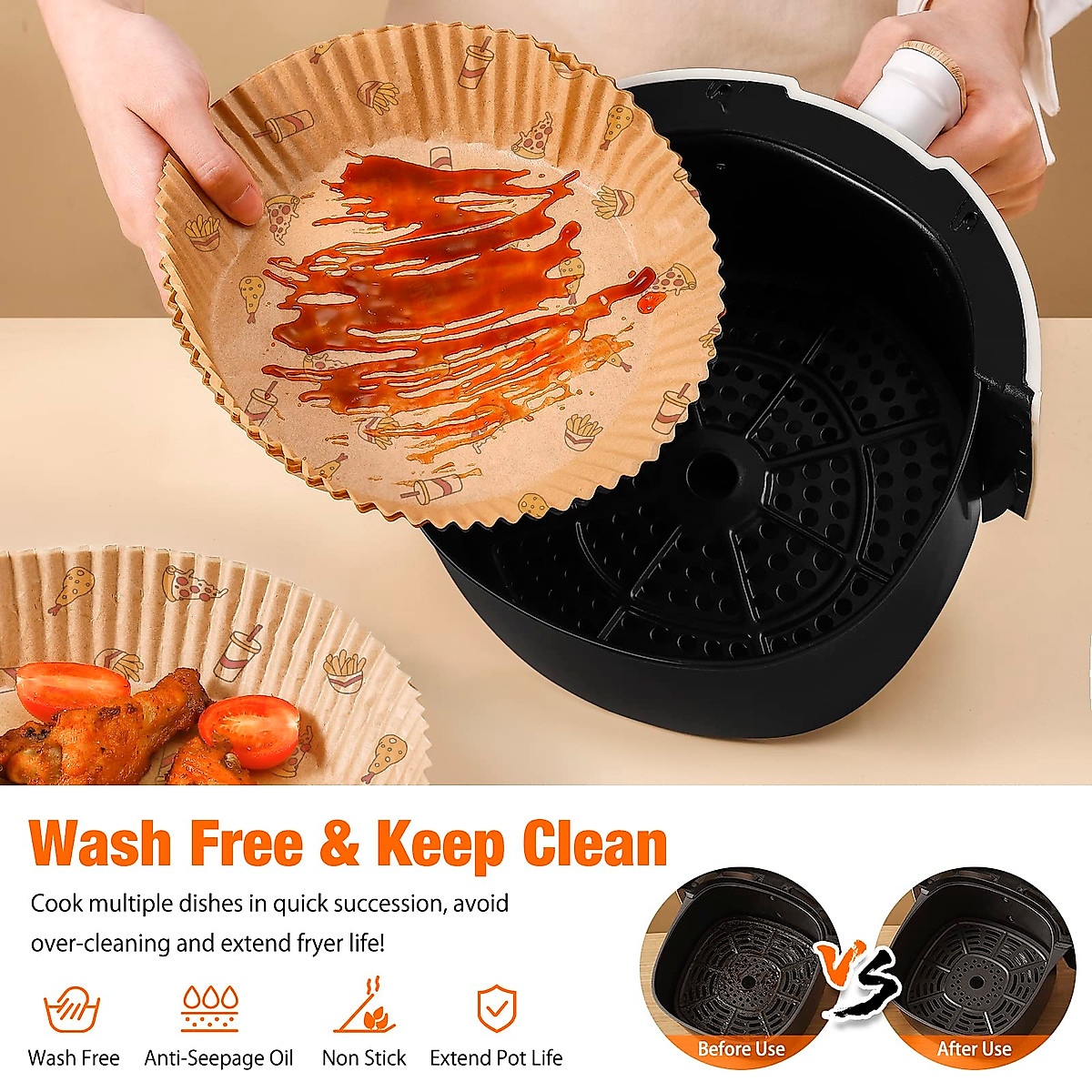 Air Fryer Disposable Paper Liners - Food Grade Non-stick Parchment Paper, 7.9In Upgrade Oil-proof for Air Frying, Baking, Roasting Microwave (100Pcs-Fit 5-8 QT)