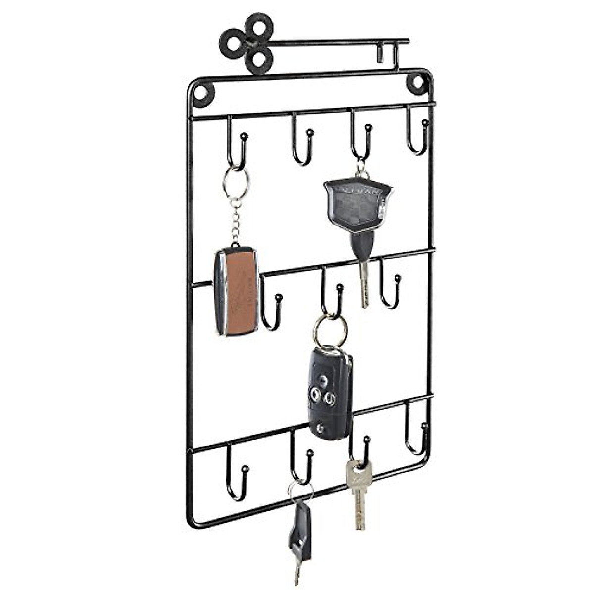 MyGift Black Metal Wall Mounted Key Rack Holder Organizer, Keychain and Lanyard Wall Rack with 11 Hooks and Cut Out Key Design