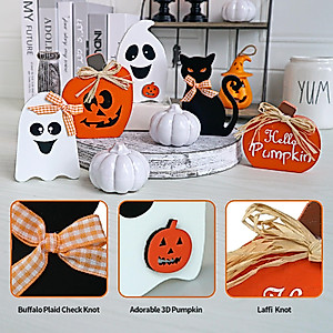 Halloween Wood Signs Decorations Halloween Wooden Signs Pumpkin Ghost Black Cat Freestanding Table Signs, Halloween Tiered Tray Decor for Rustic Farmhouse Home Mantle