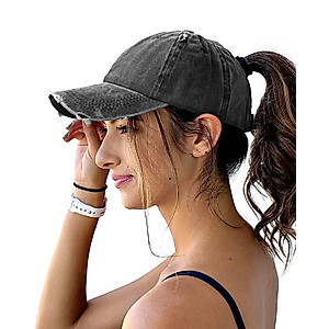 Lvaiz Womens Distressed Baseball Cap Cotton Dad Hat with Ponytail Hole Versatile Washed Ponycaps