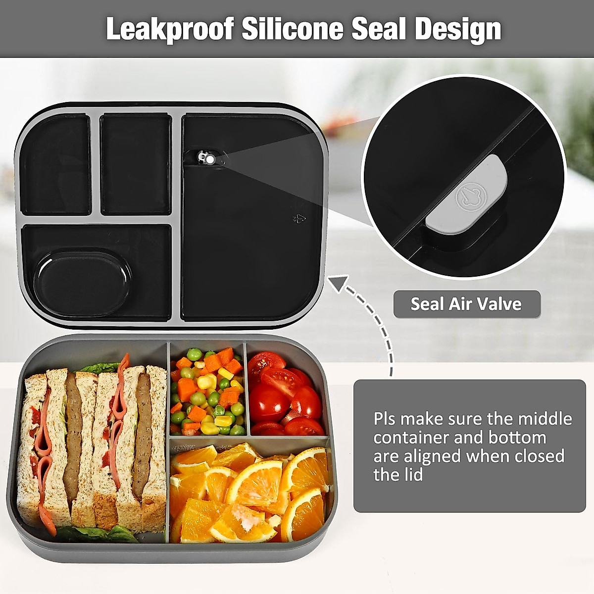 Caperci Bento Box Adult Lunch Box - Stackable Leakproof 47oz Lunch Containers for Adults with Sauce Container - Idea for Office, On-the-go, Microwave/Dishwasher Safe, BPA Free (Black)