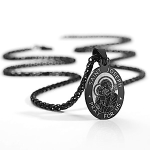 RS Black St Saint Joseph Medal Necklace for Men Boys Stainless Steel Pendant Chain Catholic Religious Baptism First Communion Confirmation Jewelry Gifts Teen Teenage Him Son