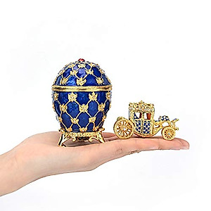 QIFU Vintage Blue Faberge Egg Style Jewelry Trinket Box with Mini Royal Carriage, Unique Gift for Easter Collection