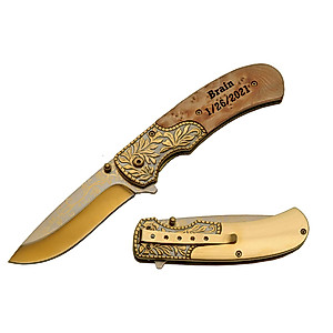 Personalized Laser Engraved 4.75" BURLWOOD FOLDER Pocket Knife, Fathers Day,Graduation Gifts, Gifts for Men Free Engraving (Gold)