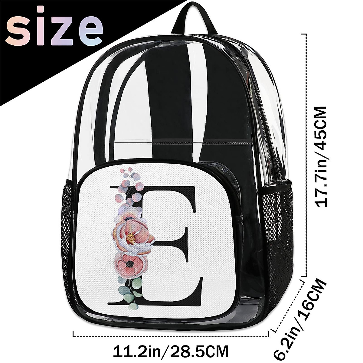 Heavy Duty Clear Backpack Stadium Approved, Alphabet Monogram Floral E Letter PVC Transparent Backpack See Through Large Bookbag for Work School Travel College