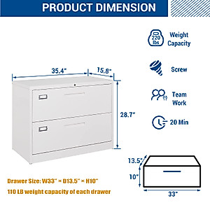 Fesbos Lateral File Cabinet with Lock, 2 Drawer Large Metal Filing Cabinet,Home Office Lockable Storage Cabinet for Hanging Files Letter/Legal/F4/A4 Size-Assembly Required