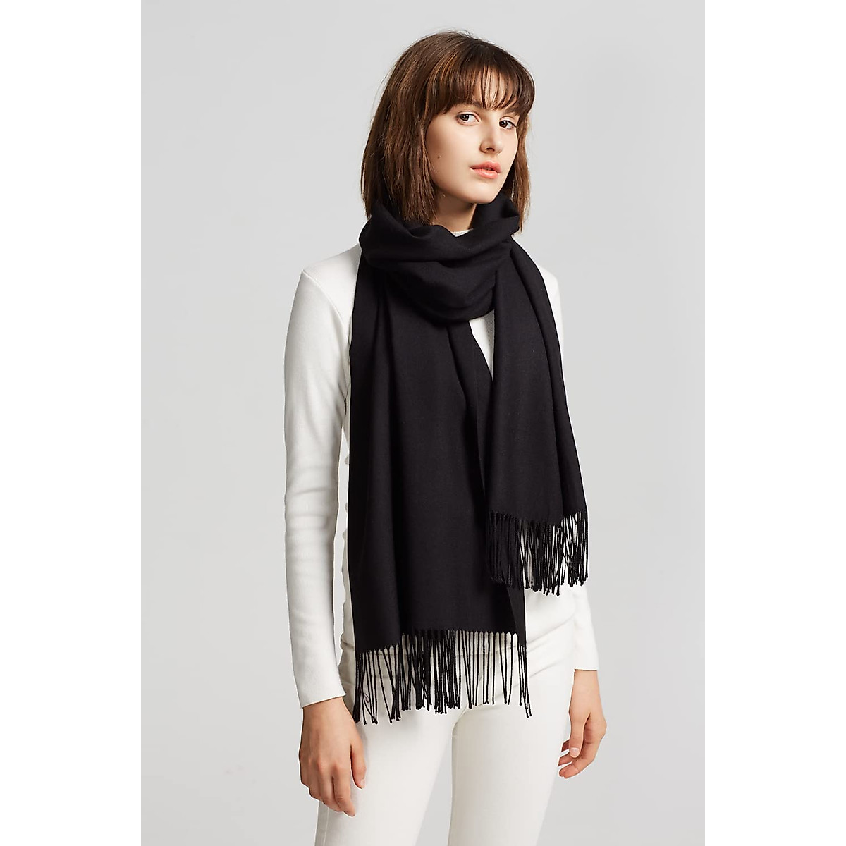 MaaMgic Womens Large Soft Cashmere Feel Pashmina Shawls Wraps Winter Light Scarf ( Black , One Size )