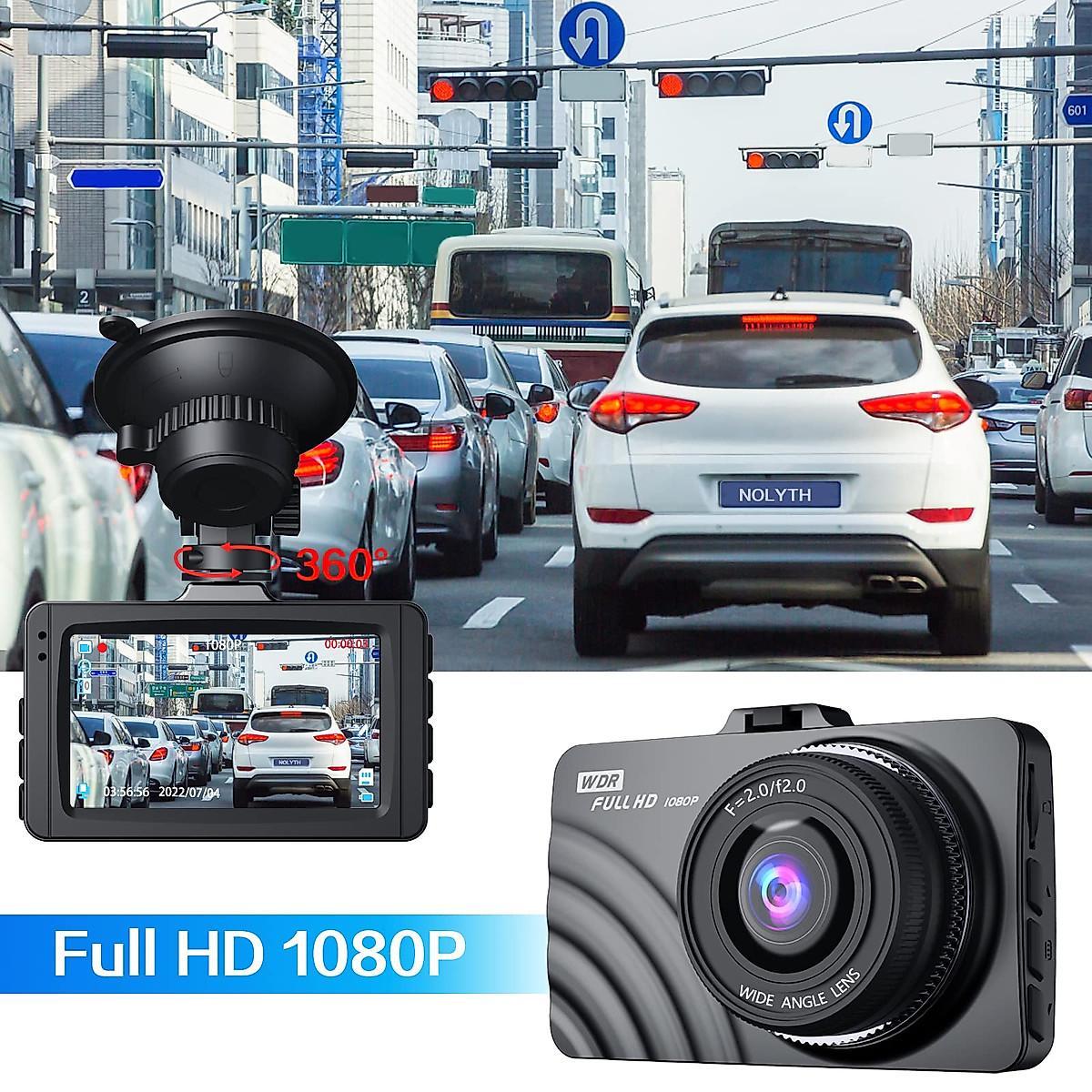NOLYTH Dash Cam Car Camera 1080P Full HD Front Dash Camera for Cars with 32G SD Card, 3" LCD, F2.0 Glass Lens, WDR, Night Vision, Parking Monitor