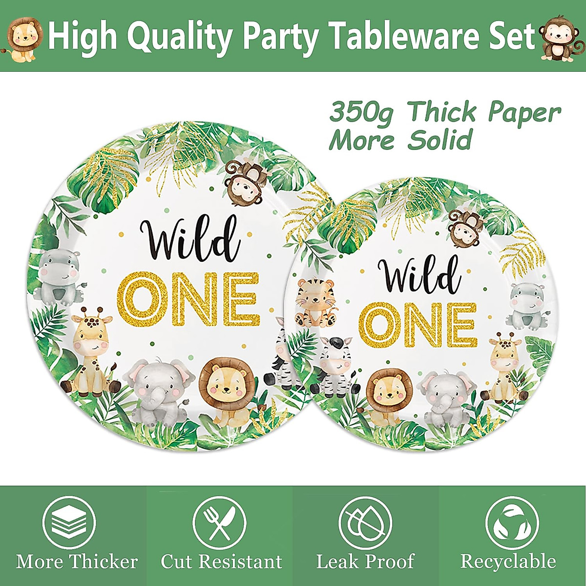 Jungle Safari Baby Shower Decorations Tableware Set Serves 24, Animals Paper Plates, Napkins, Cups, Cutlery for Baby Boy Wild One Birthday Baby Shower Party Supplies