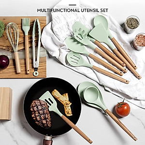 Lanzo Design Kitchen Utensil Set, 13 pcs Non-Stick Silicone Cooking Utensils Spatula Set with Wooden Holder (Mint)