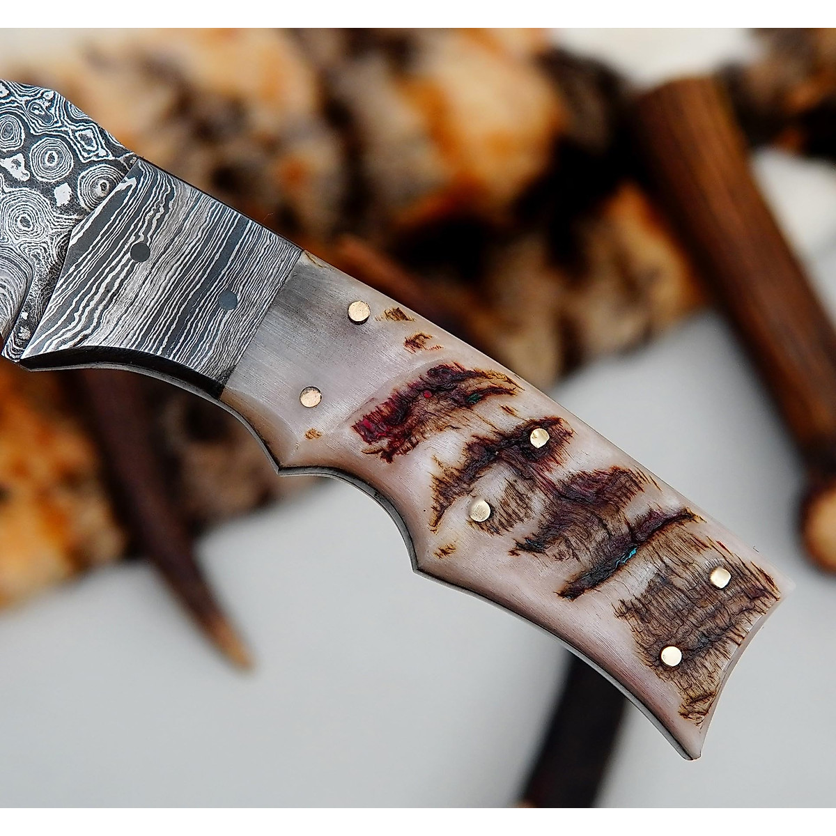 Ottoza Tracker Knife & Ram Horn Handle - Damascus Hunting Knife - Horizontal Carry Knife Sheath 262