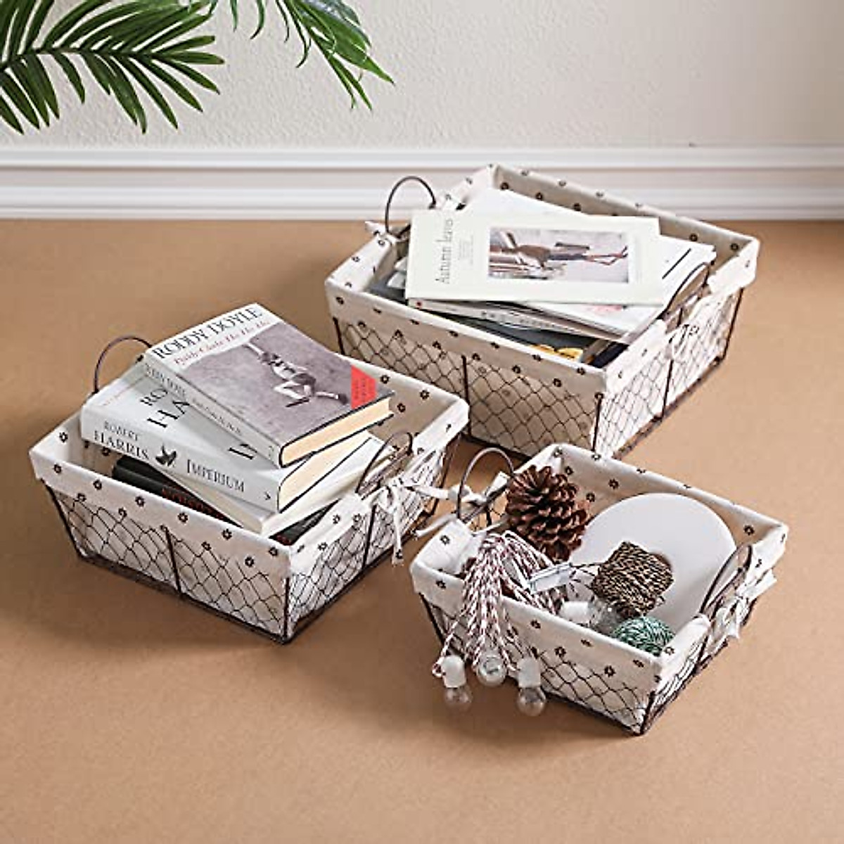 Motifeur Metal Farmhouse Storage Baskets With Removable Liner (Set of 3, White with Floral Pattern) (Short-Set of 3)