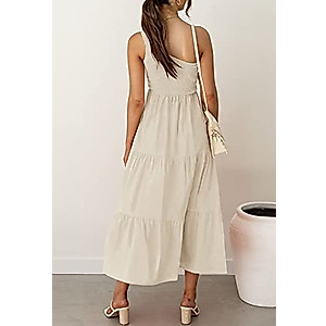 ZESICA Women's 2023 Bohemian Summer Floral Print One Shoulder Sleeveless Smocked Ruffle Tiered Beach Long Midi Dress,Beige,Large