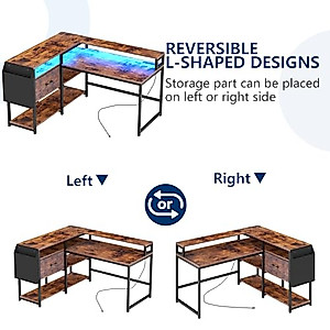 Loomie L Shaped Computer Desk with Power Outlets, 55"Wx41"D Reversible Corner Desk with LED Light, Drawer & Monitor Stand,Home Office Gaming Desk with 4 Tier Storage Shelves & Bag, Study Table,Rustic