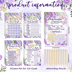 Nuanchu 145 Pcs Butterfly Theme Baby Shower Games, 5 Games, 25 Sheets Each with 20 Pencils, Baby Shower Bingo, Guess Who, Word Scramble, Baby Descriptions and Wishes Game
