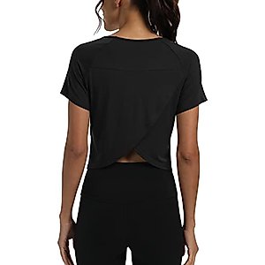 Mippo Workout Gym Shirts Short Sleeve Athletic Active Wear Top Work Out Tshirts Exercise Pilates Clothes Cute Open Back Backless Tank Tops Summer Going Out Top for Women Loose Fit Black S