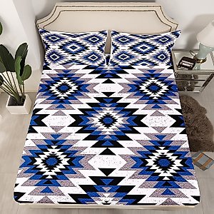 Kids Southwest Native American Design Fitted Sheet Queen Size Blue Grey Geometric Bed Sheet Set for Boys Girls Teens Bedroom Decor Tribal Bedding Set Set Women Men Bed Cover with 2 Pillow Case