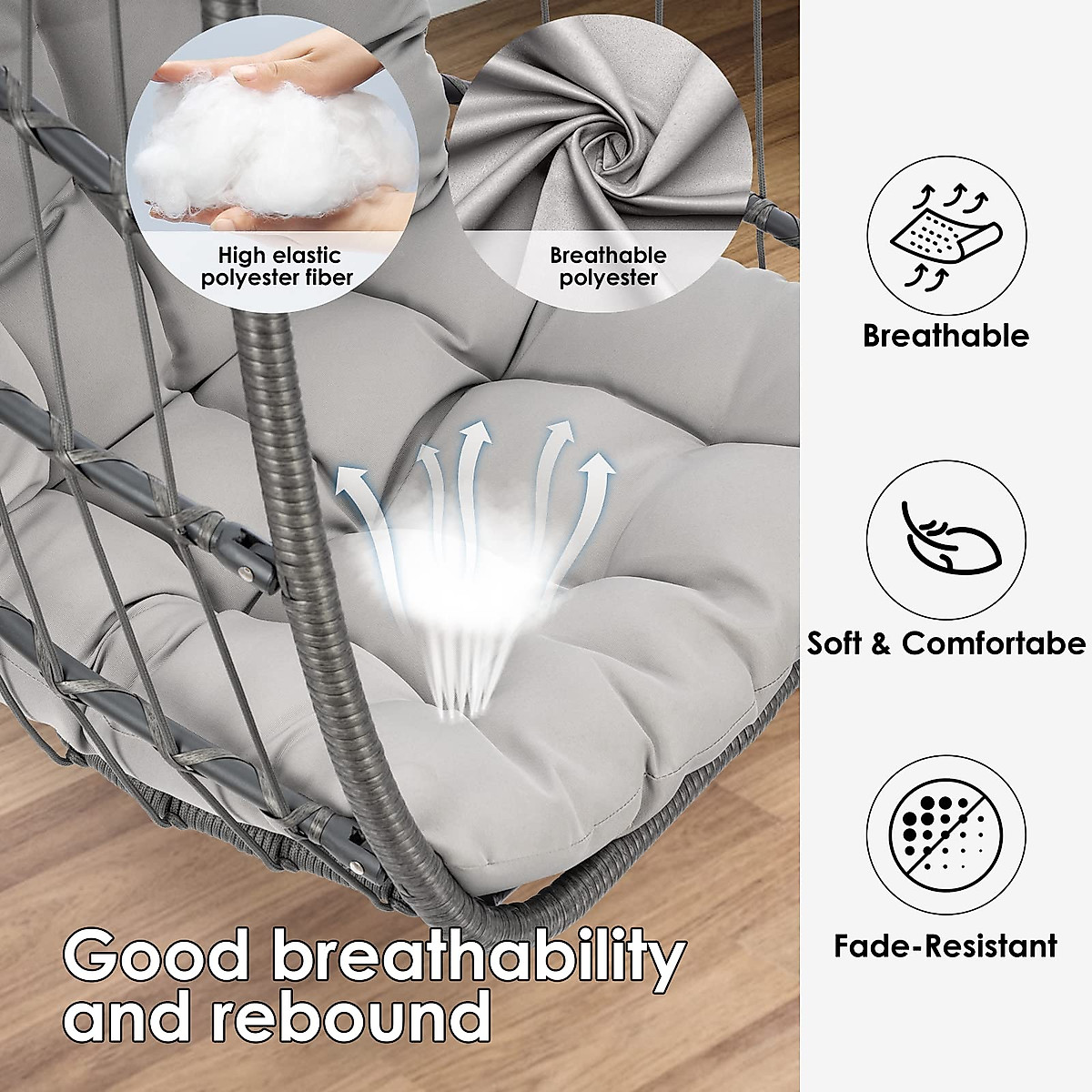 Egg Swing Chair with Stand Hanging Egg Chair Outdoor - Rattan Wicker Patio Hanging Basket Chair Hammock Chair with Aluminum Steel Frame and UV Resistant Cushion for Indoor Bedroom Balcony (Grey)