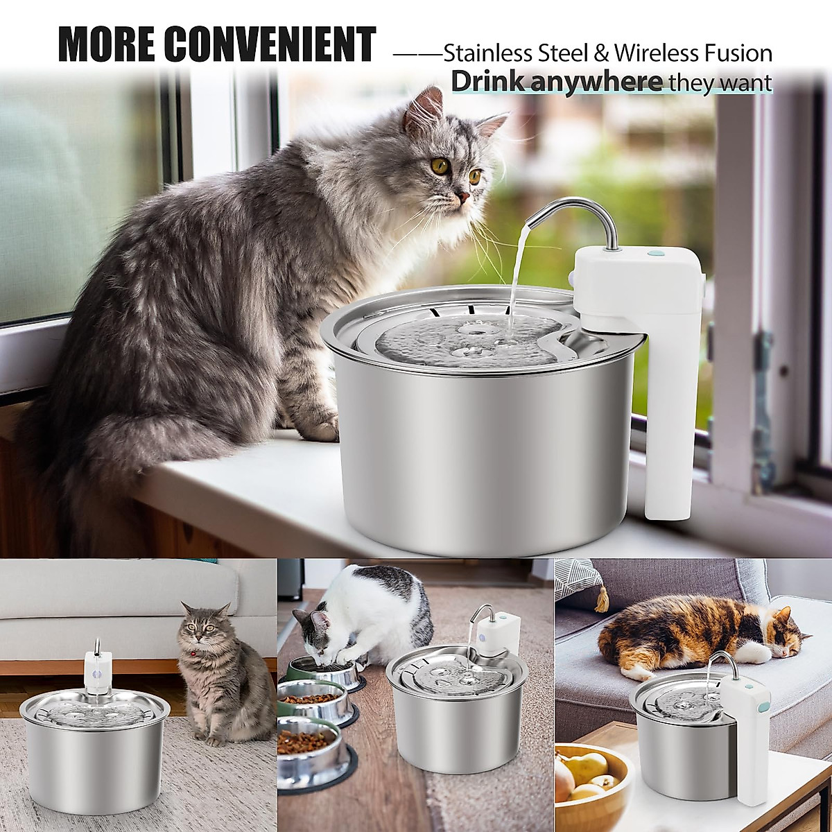 Helyhoob Stainless Steel Cat Water Fountain, 115OZ/4.3L Pet Fountain Wireless Battery Operated Cat Fountain with External Pump, Automatic Dog Water Fountain with 3 Replacement Filters