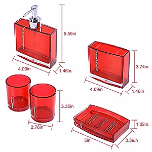 Red Bathroom Accessories, Acrylic Bathroom Accessories Set with Bath Cup Bottle Toothbrush Holder Soap Dish 5PC/Set for Hotel Home Bathroom Use