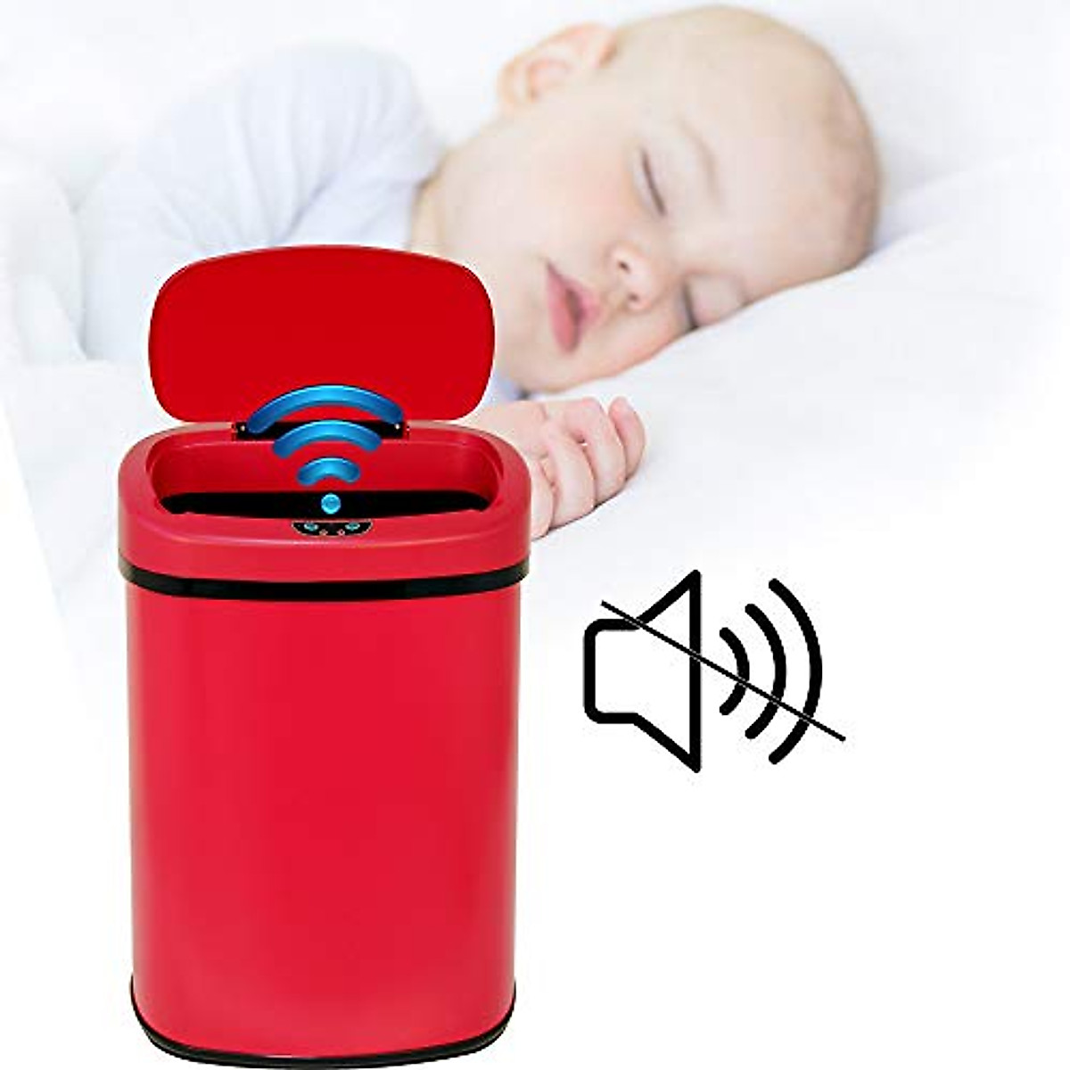 Automatic Sensor 13 Gallon Trash Can, Touch Free Trash Can, No Touch Garbage Can Kitchen Waste Bin, High-Capacity Bathroom Trash Can with Lid for Home Bedroom Office, Power by Battery, Red