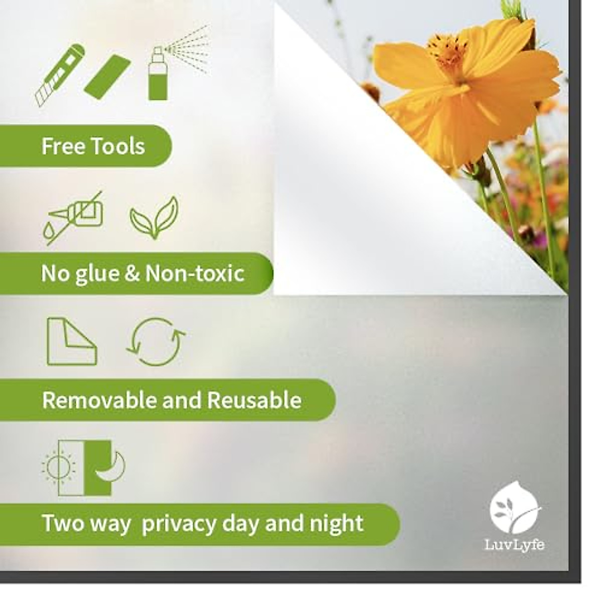 LuvLyfe Window Privacy Film Frosted Glass Window Film with Tools, UV Blocking Window Tint, Non Adhesive Static Cling Removeable Window Clings for Bathroom, Bedroom and Office(Pure, 17.5" * 78.7")