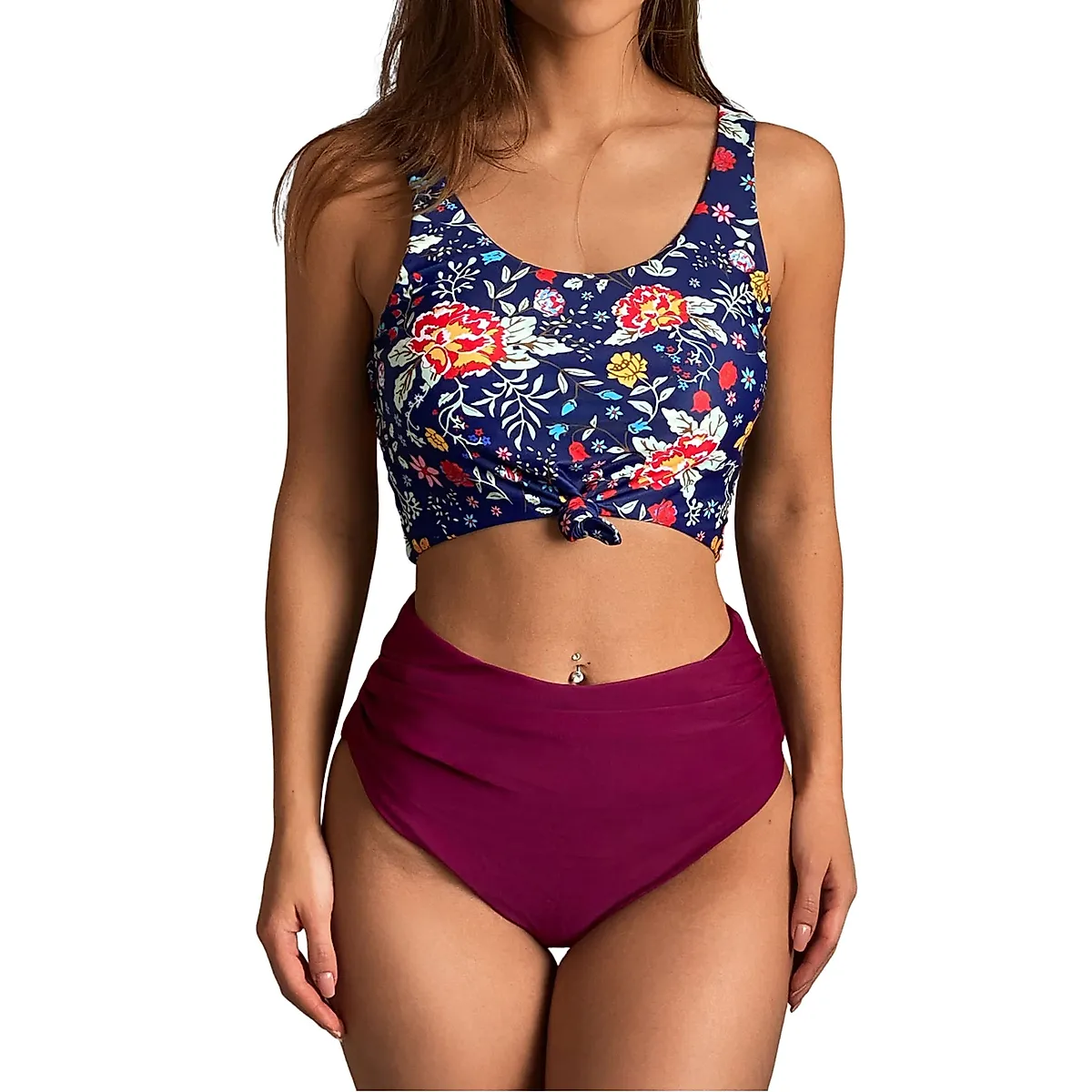 ZAFUL Women's Scoop Neck Tropical Leaf Knotted Two Pieces Tankini Set Swimsuit (4-Plum Pie, L)