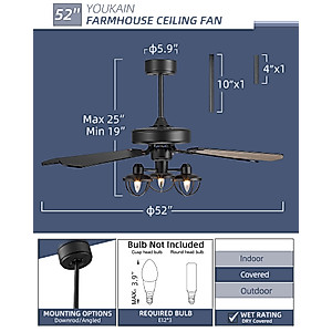 YOUKAIN Farmhouse Wooden Ceiling Fans, 52 Inch Industrial Ceiling Fan with 3 Lights and Remote Control, 5-Reversible Blades Indoor/Outdoor, Matte Black/Barnwood Finish, 52-YJ631