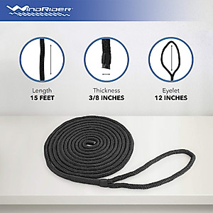 Dock Lines for Boats - 4 Pack of 3/8" x 15 Ft Double Braided Nylon Rope with 12-Inch Eyelet Whipped Ends – Marine lines Grade Black Rope for Docking, Mooring, and Securing Boats
