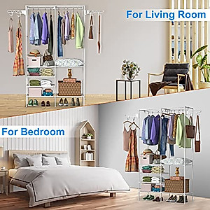 TeqHome Garment Rack, 42'' Freestanding Clothes Rack Shoe Clothing Organizer Shelves, Multifunctional Clothes Wardrobe with 4 Hooks & 2 Hanging Rods, Coated Iron Frame, Easy Assembly, Max Load 350lbs