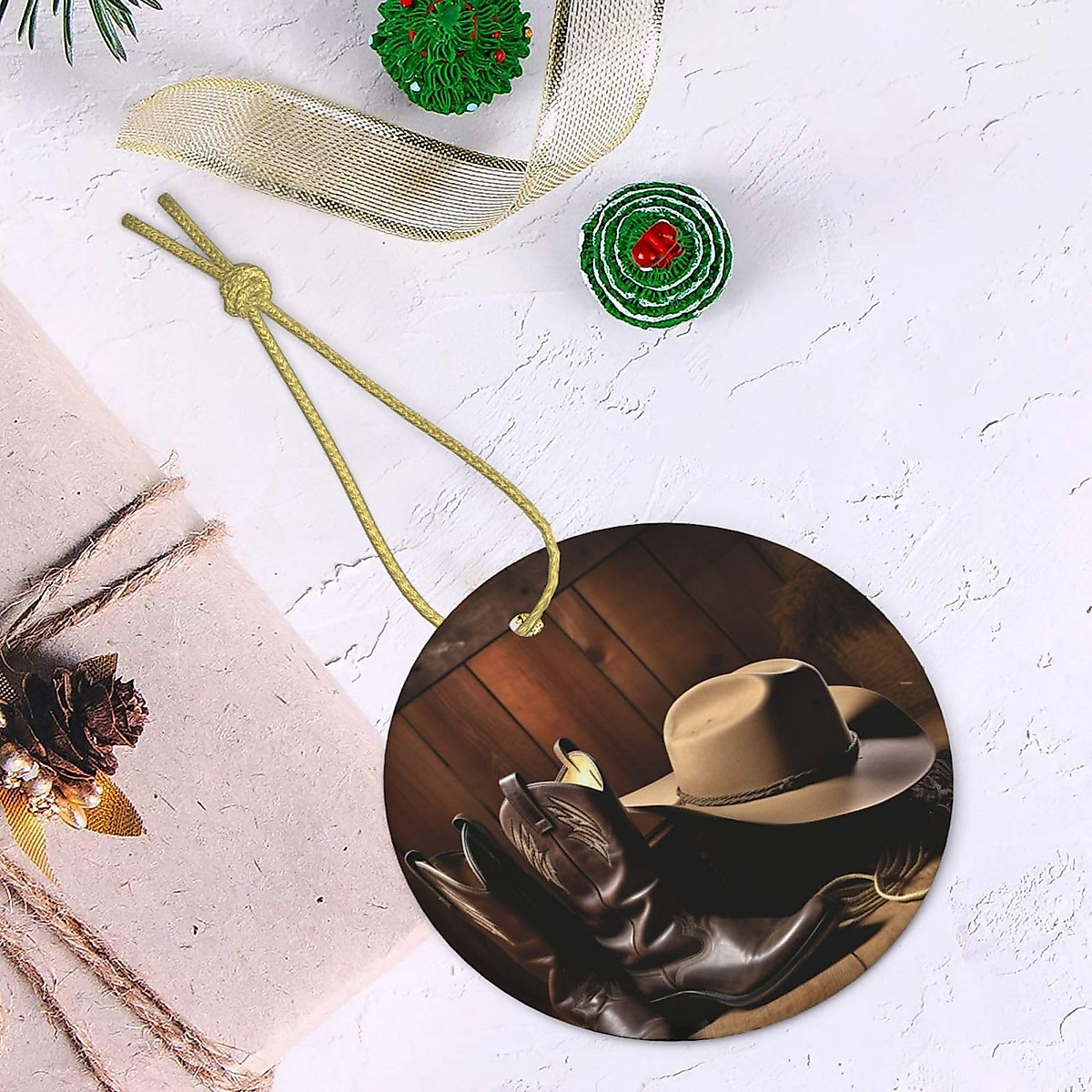Christmas Ornaments Round Ceramic Ornaments Cowboy Black Hat Western Boots Printed Christmas Tree Ceramics Hanging Ornament for Xmas Holiday Party Decorations